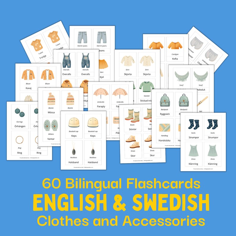30 Clothes and Accessories Flashcards in English and Swedish, Bilingual ...