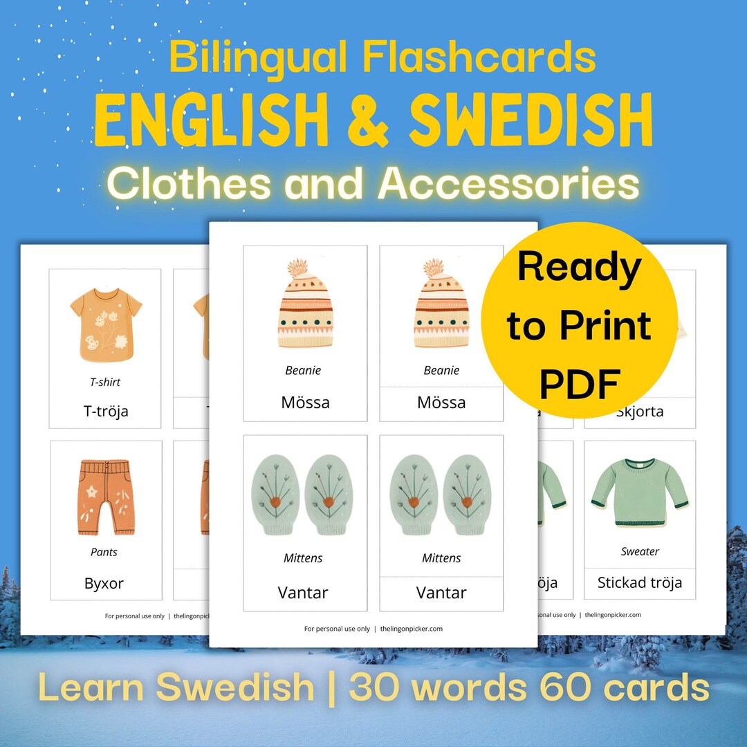 30 Clothes and Accessories Flashcards in English and Swedish, Bilingual ...