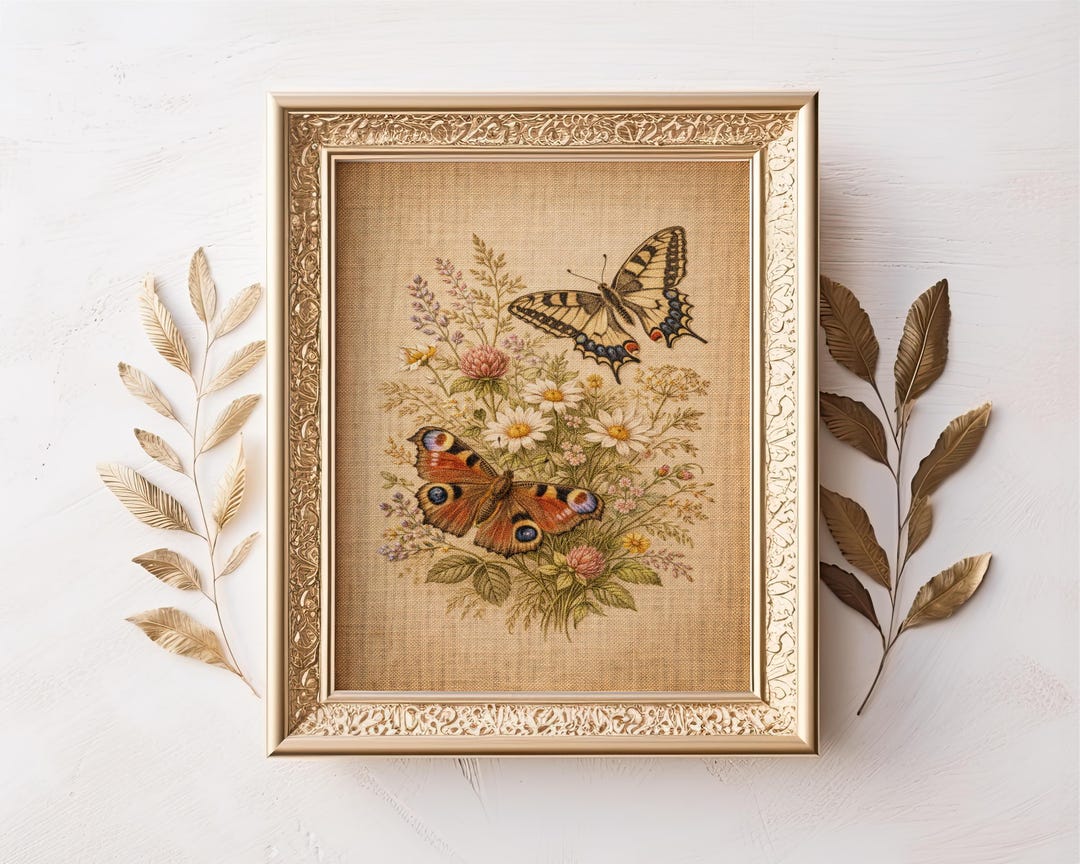 Vintage Butterfly Botanical Print, Cottagecore Floral Illustration ...