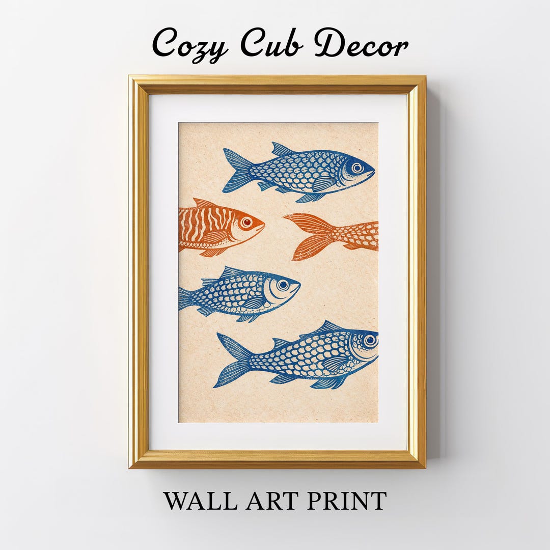 Mid Century Modern Fish Print, Blue Orange Nautical Wall Art (digital ...