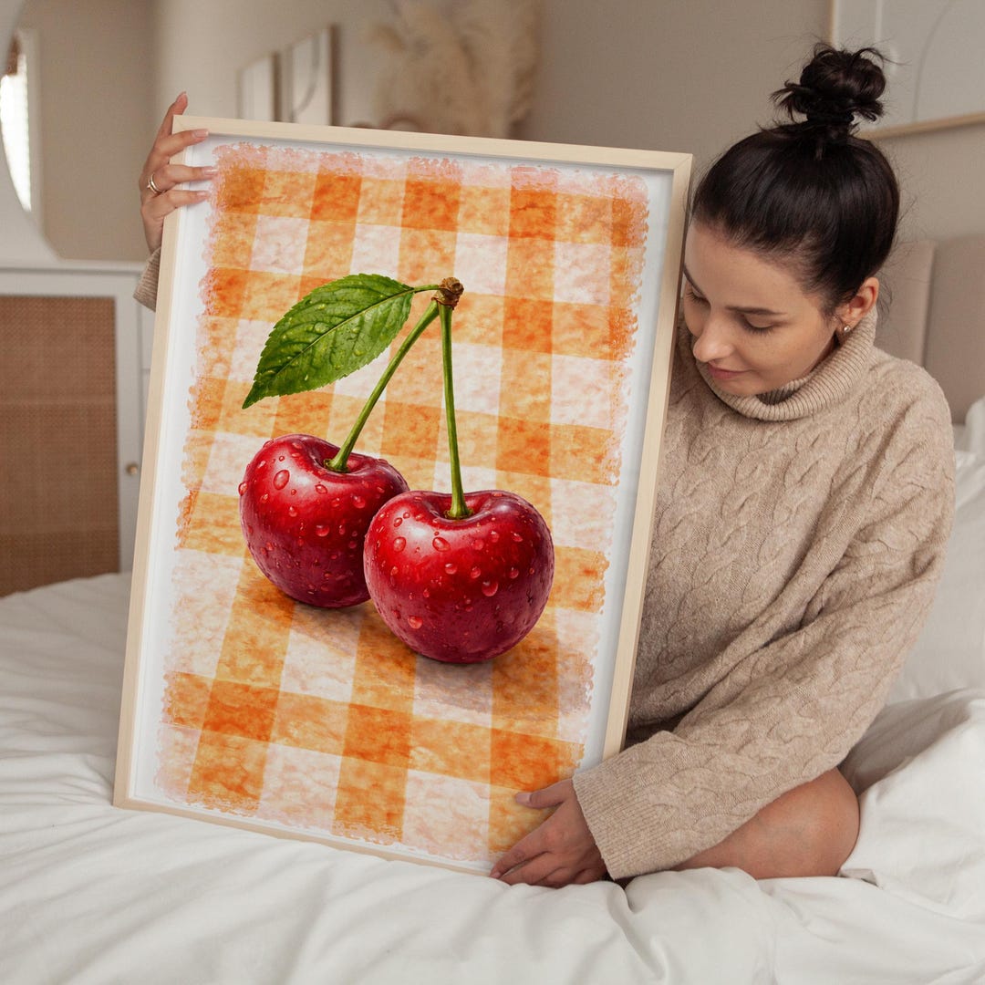 Cherry Watercolor Kitchen Art, Orange Gingham Fruit Print, Rustic Still ...