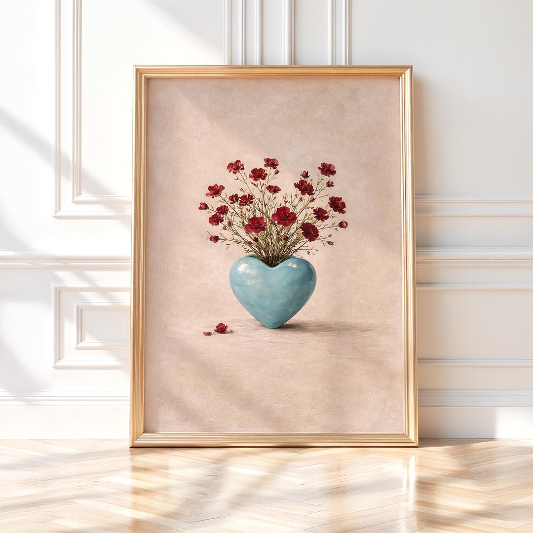 Valentine's Day Red Floral Heart Vase Art, Romantic Blue Ceramic Print ...
