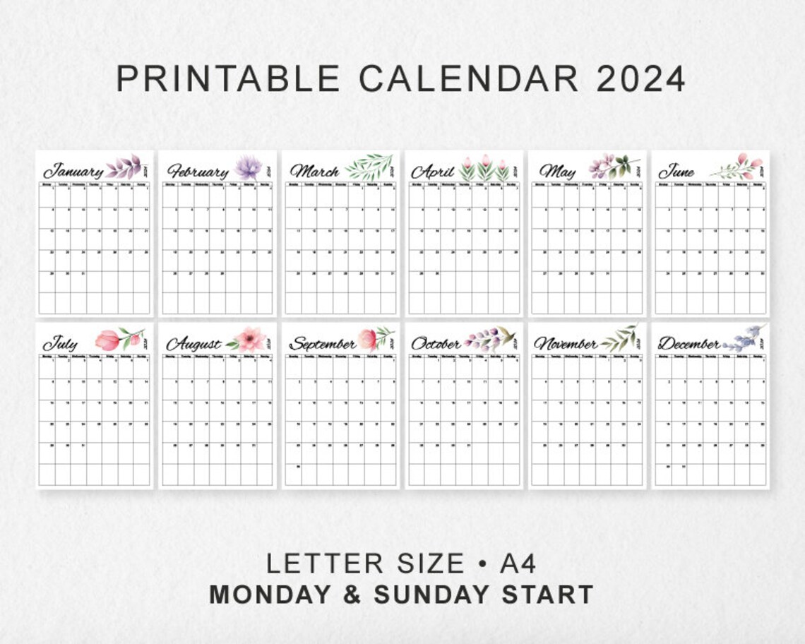 Printable 2024 Calendar, Monthly Planner, Watercolor Flowers, Botanical ...