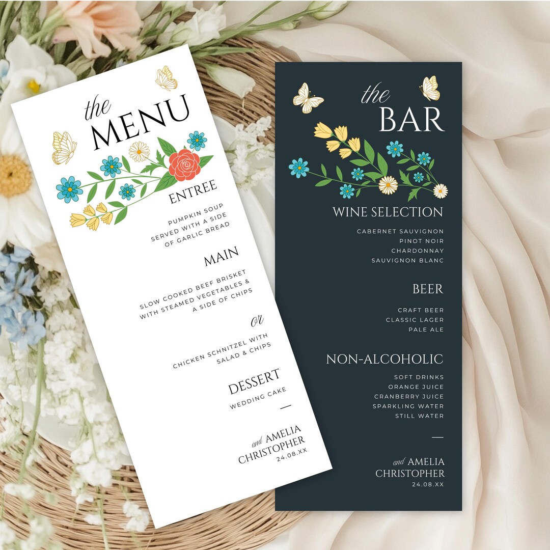 Wedding Menu&bar, Editable Template Canva, Wildflowers, Flat Draw ...