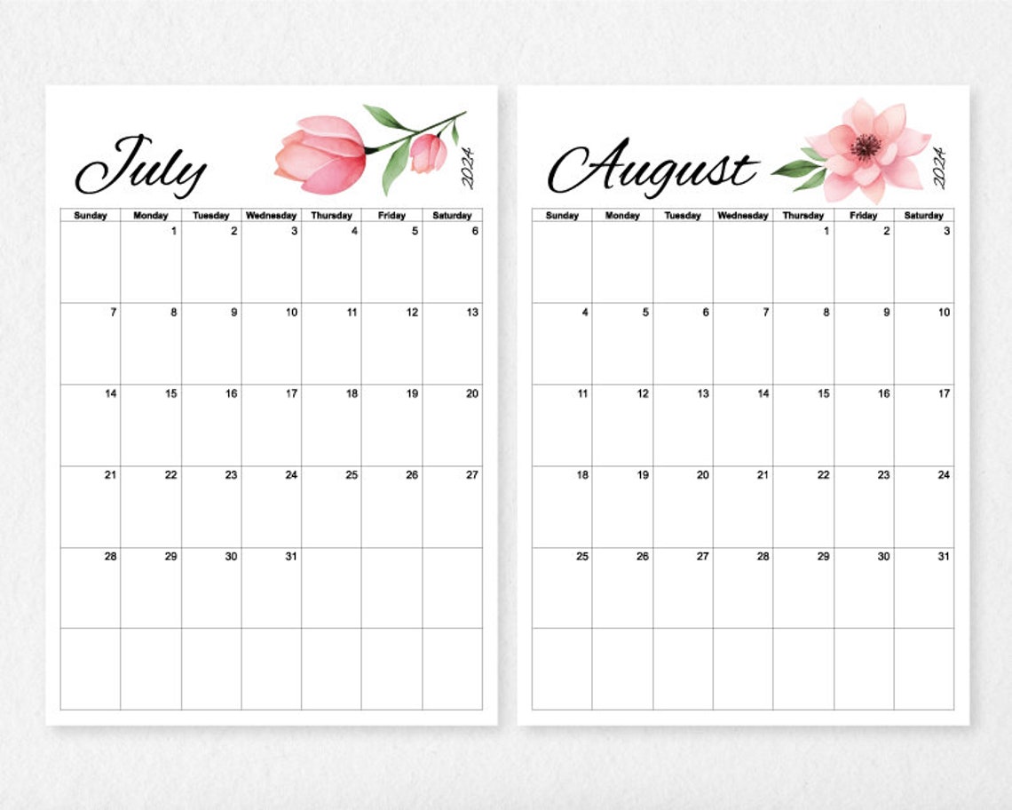 Printable 2024 Calendar, Monthly Planner, Watercolor Flowers, Botanical ...