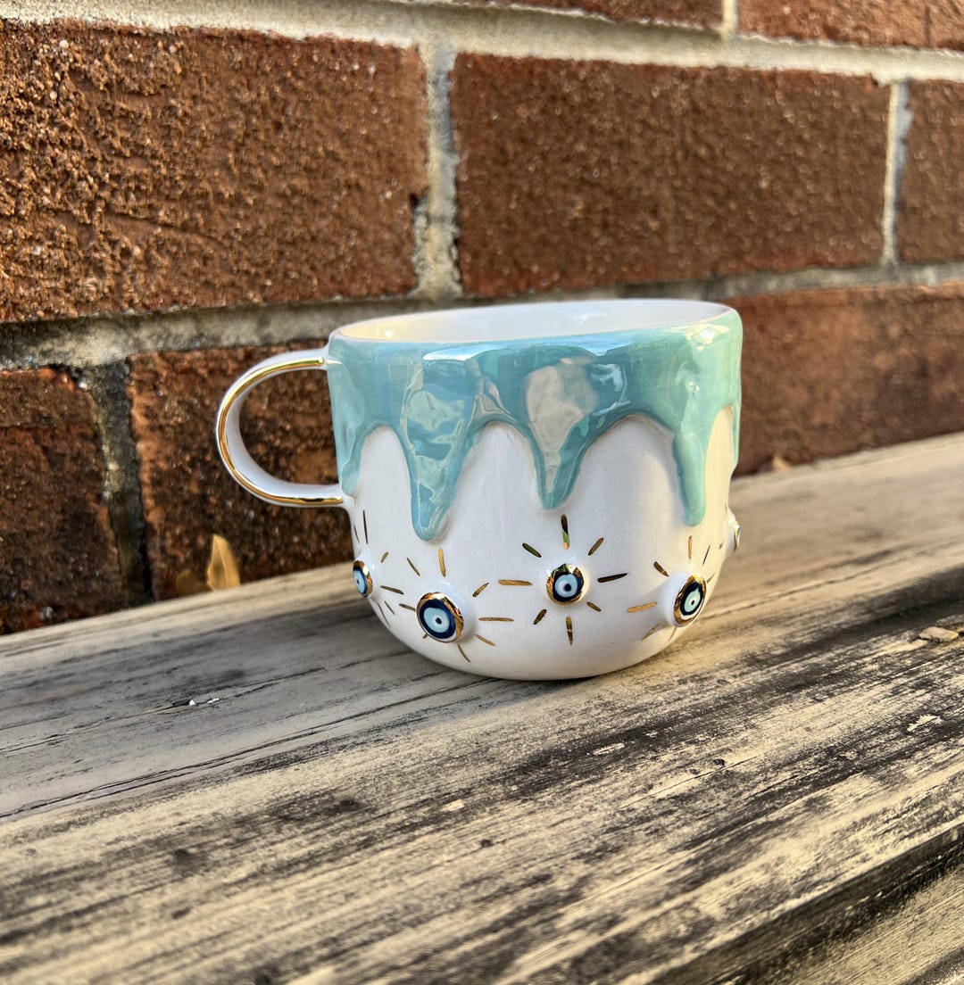Personalized Handmade Ceramic Mug Gift Set Evil Eye: Tea & Wooden ...