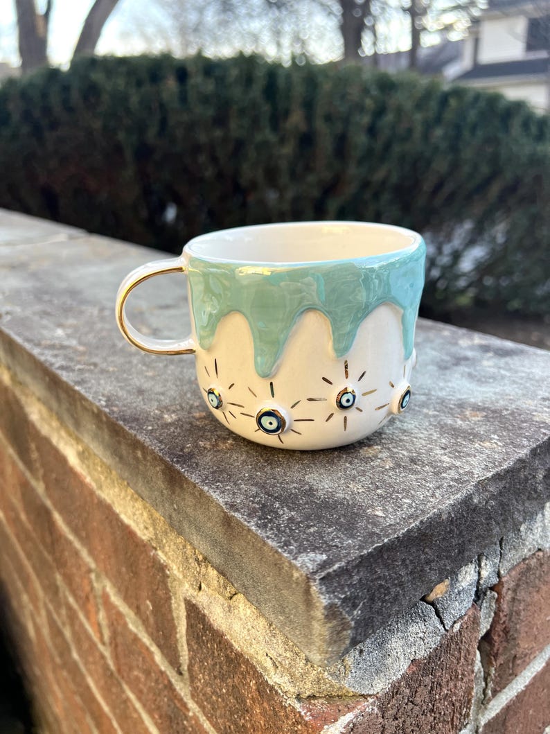 Personalized Handmade Ceramic Mug Gift Set Evil Eye: Tea & Wooden ...