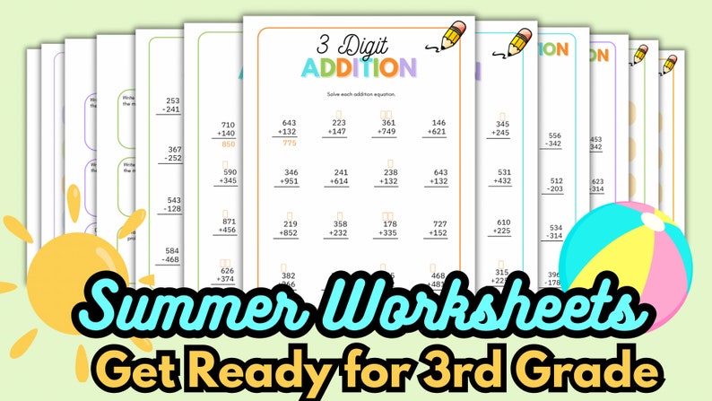 No-prep Get Ready for 3rd Grade Summer Worksheets Addition, Subtraction ...