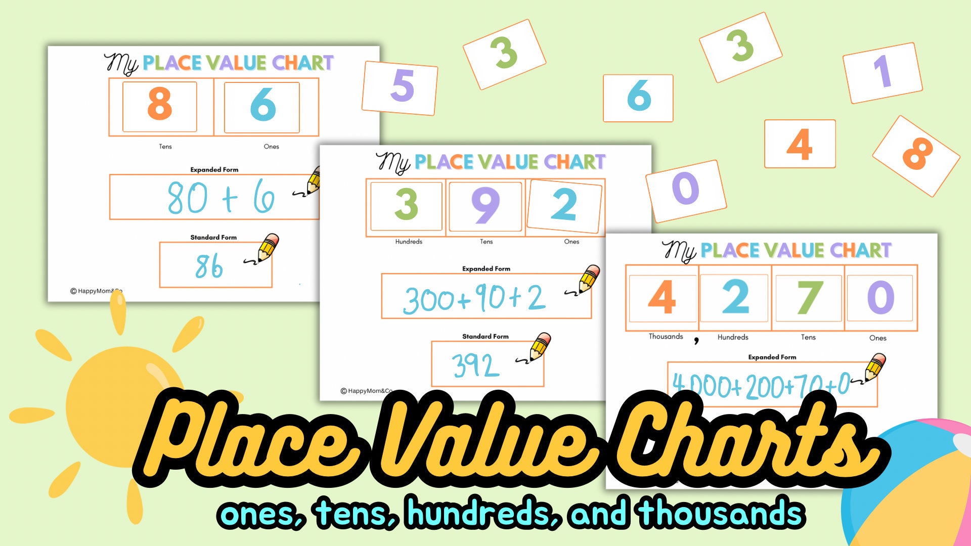 Place Value Chart Ones, Tens, Hundreds, and Thousands Place Fun Summer ...