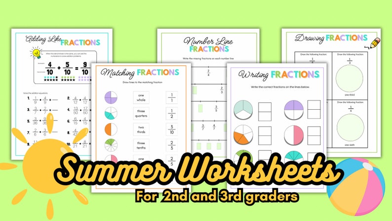 No Prep Summer Fractions Math Review Worksheets for 2nd and 3rd Graders ...