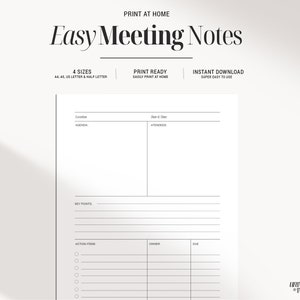Printable Business Meeting Notes: Meeting Agenda & Minutes, A4/a5 ...
