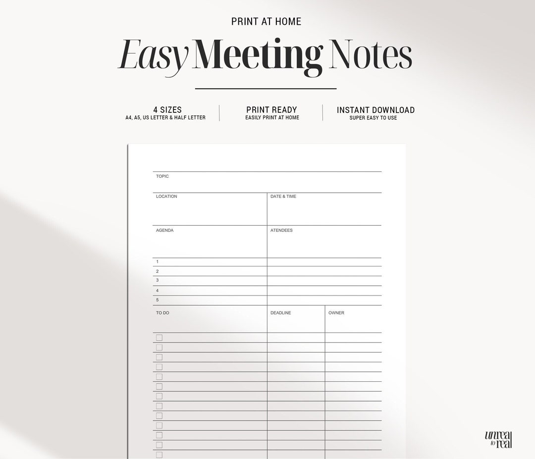 Meeting Minutes Template: Printable Agenda, Business Note Organizer ...