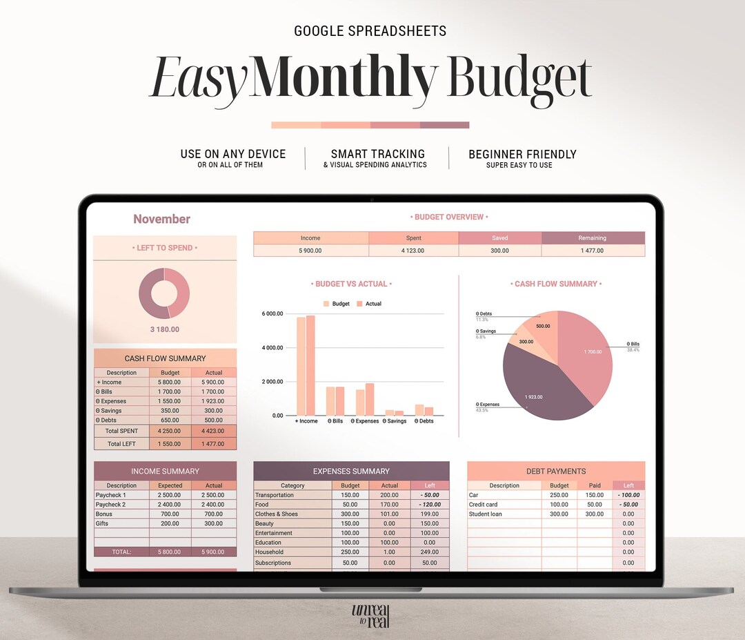 Expense Tracker & Monthly Budget Spreadsheet Template for Google Sheet ...