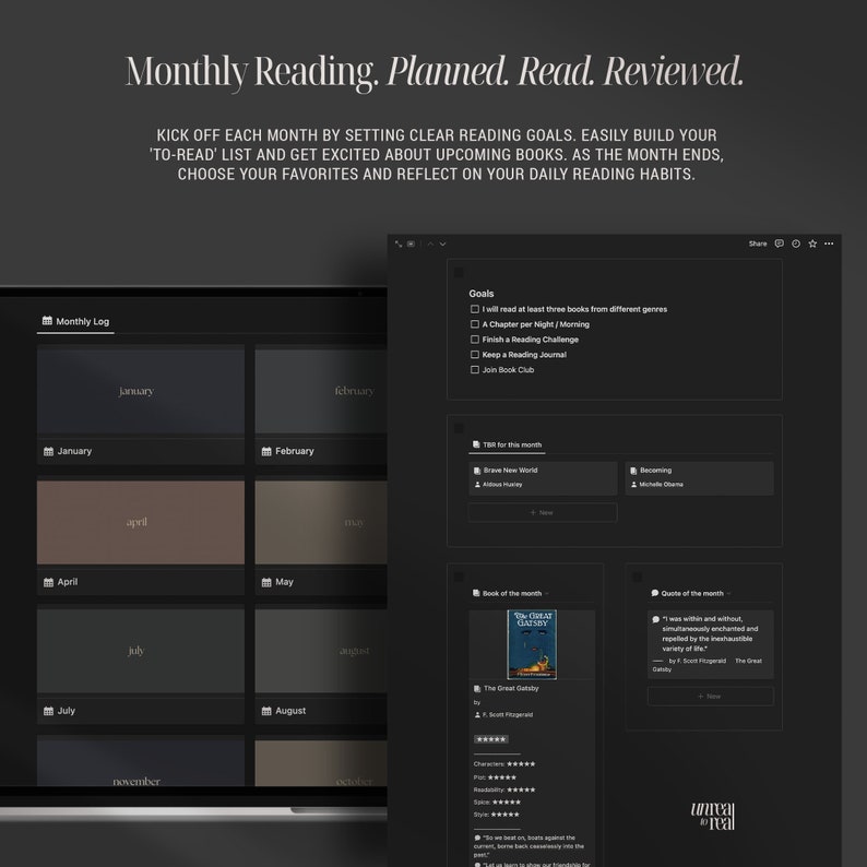 Reading Journal Notion Template: Dark Aesthetic Reading Planner ...