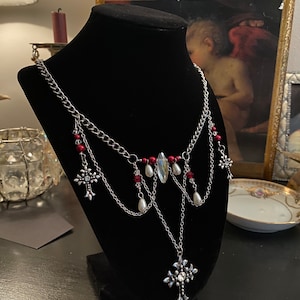 Goth Red & Pearl Cross Layered Necklace - Etsy
