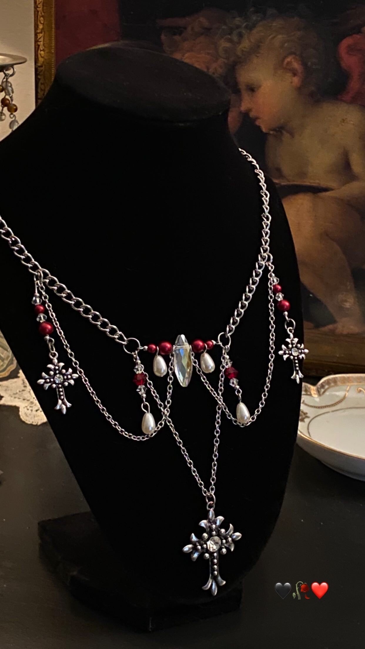 Goth Red & Pearl Cross Layered Necklace - Etsy