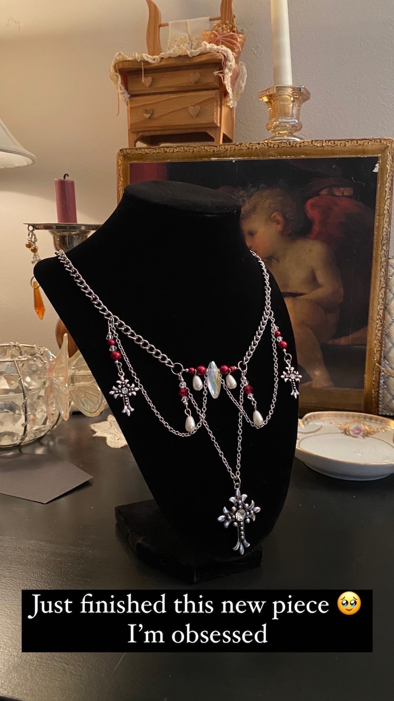 Goth Red & Pearl Cross Layered Necklace - Etsy