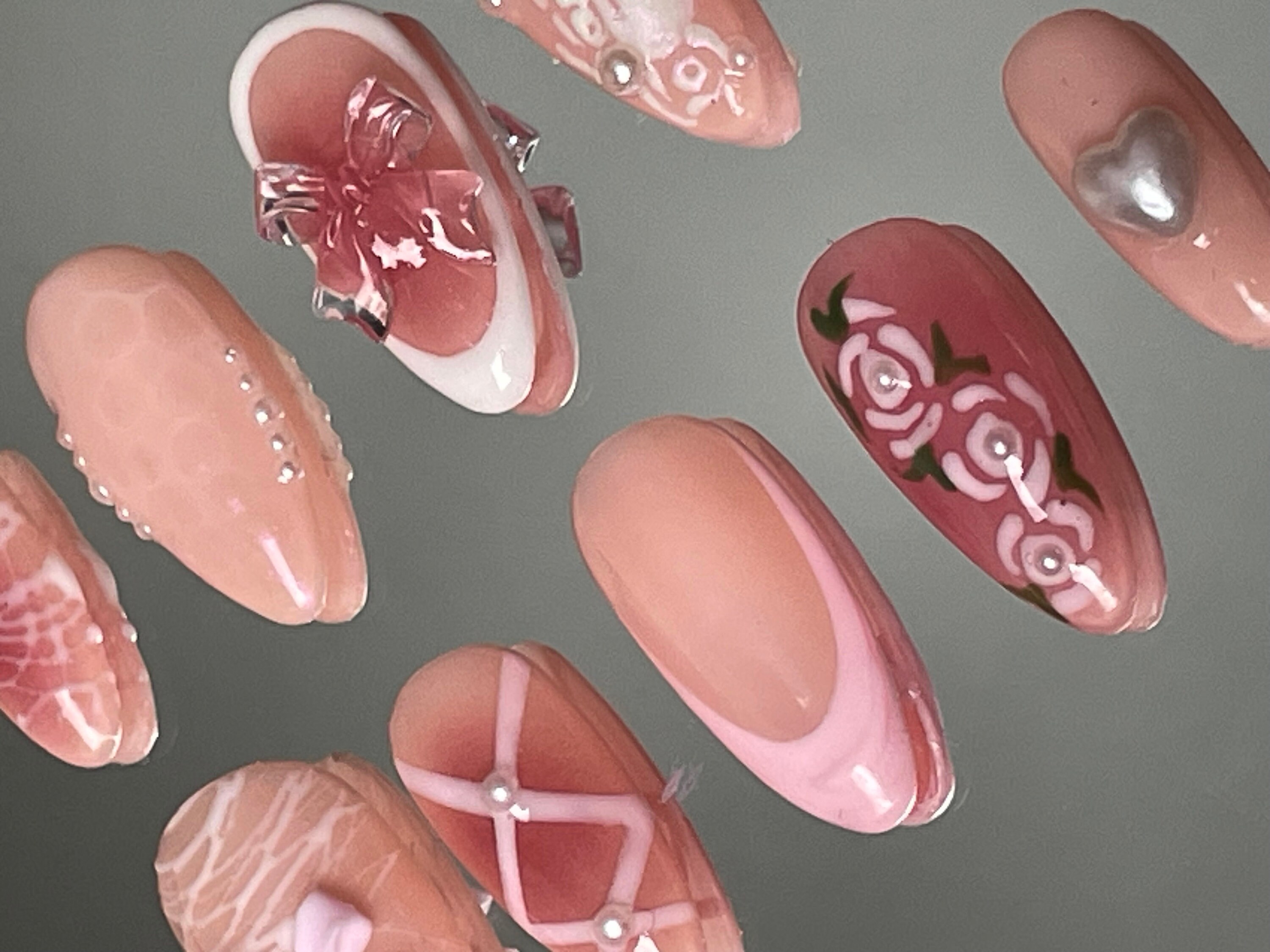 Pink Coquette Nails/ Valentines Nails/ Bow Nails Medium Almond Press on ...