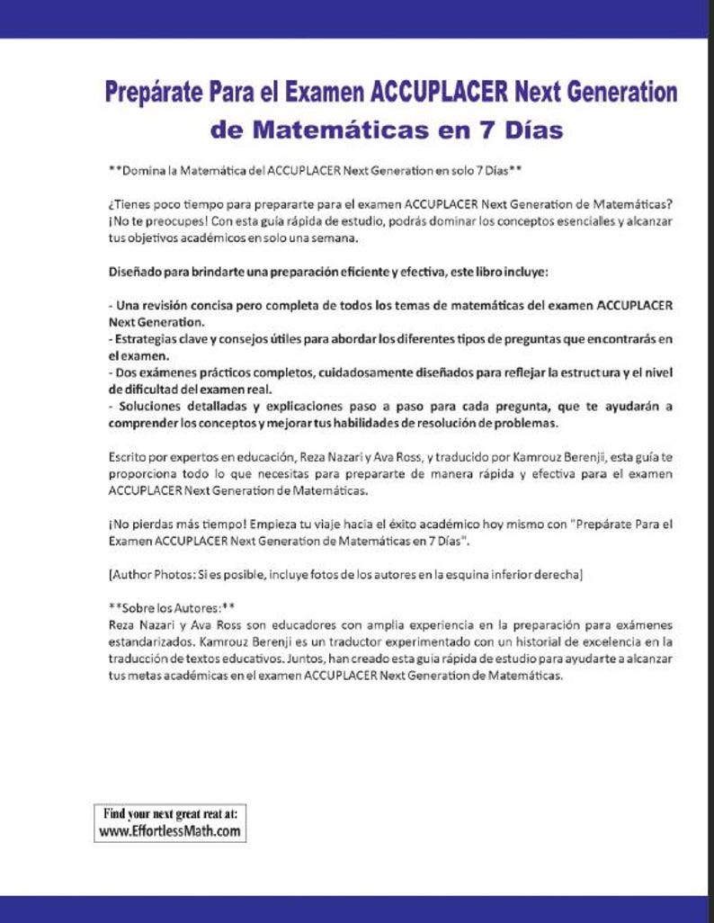 ACCUPLACER Next Generation Math Exam Prep (7-day Guide) -spanish ...
