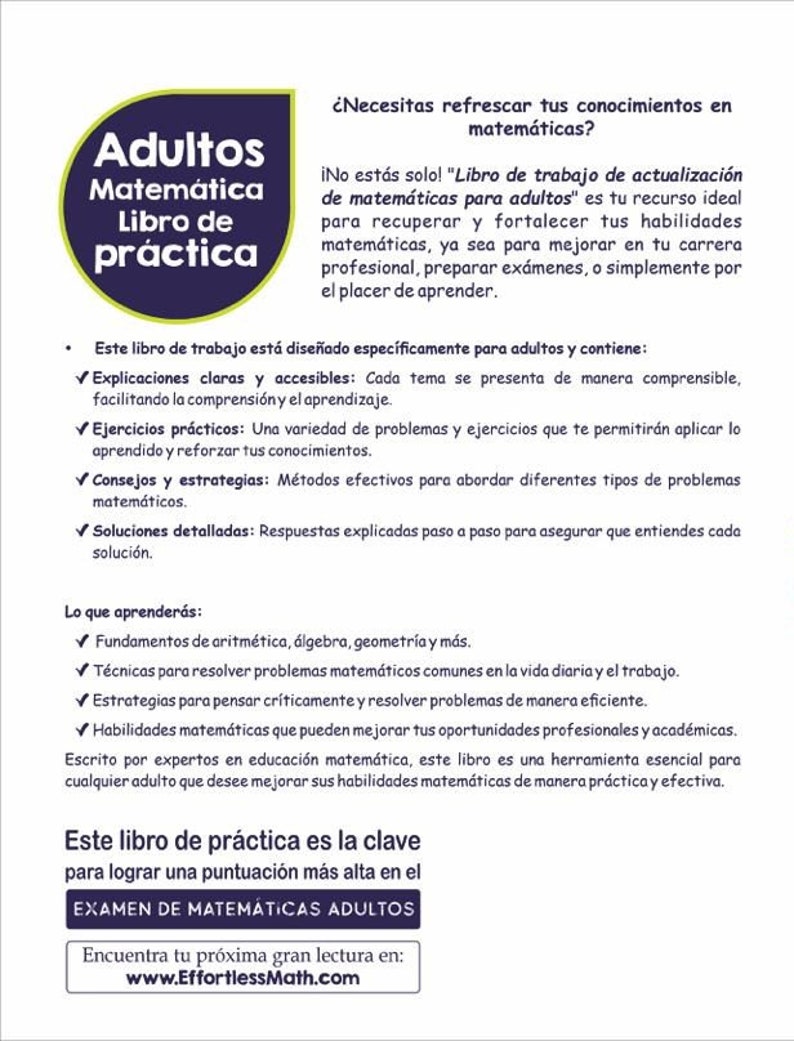 Libro De Trabajo De Actualización De Matemáticas Para Adultos - Etsy