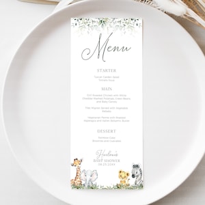 Safari Menu Template, Editable Food List Jungle Animals Baby Shower ...