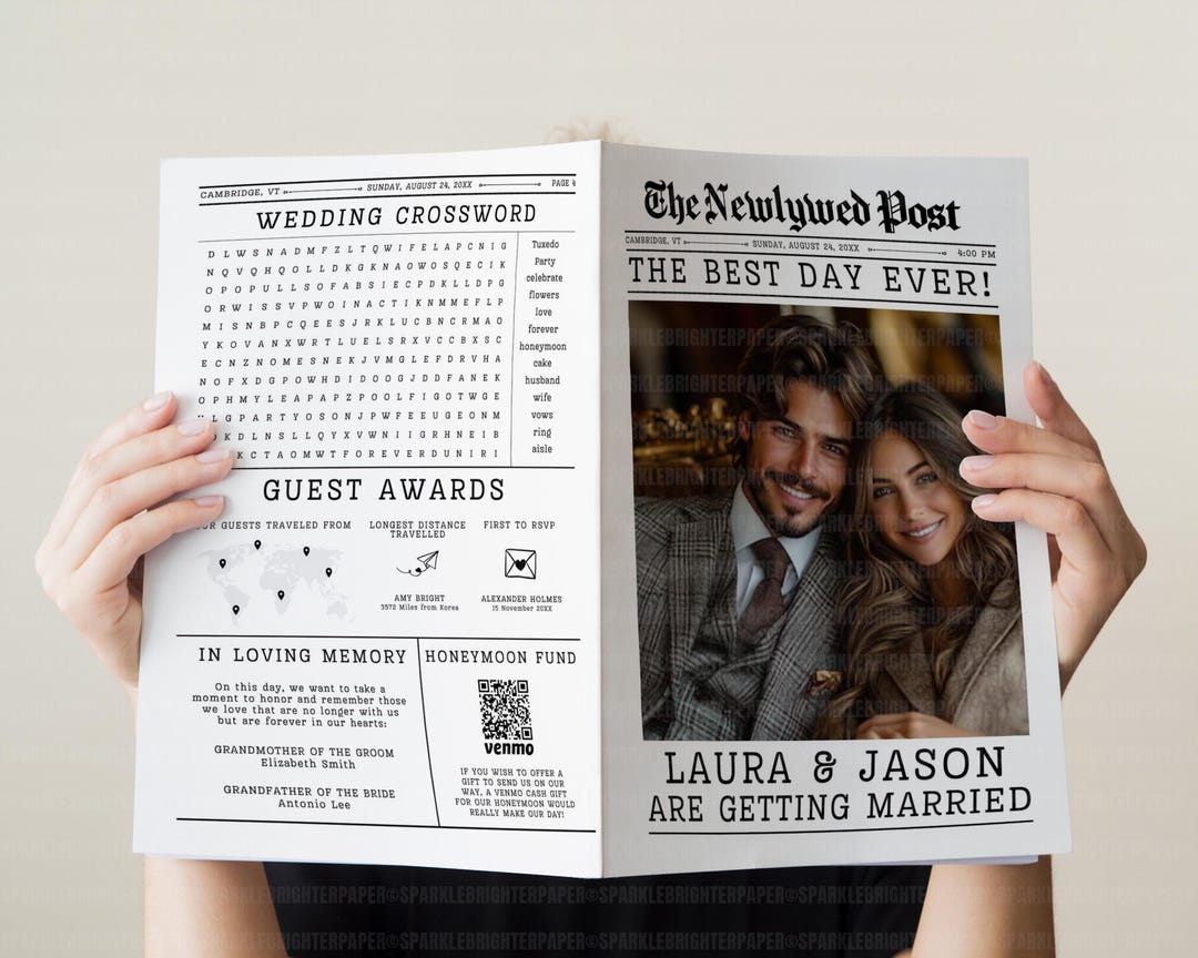 Newlywed Newspaper Print, Custom Couple Photos Wedding Program Tabloid ...