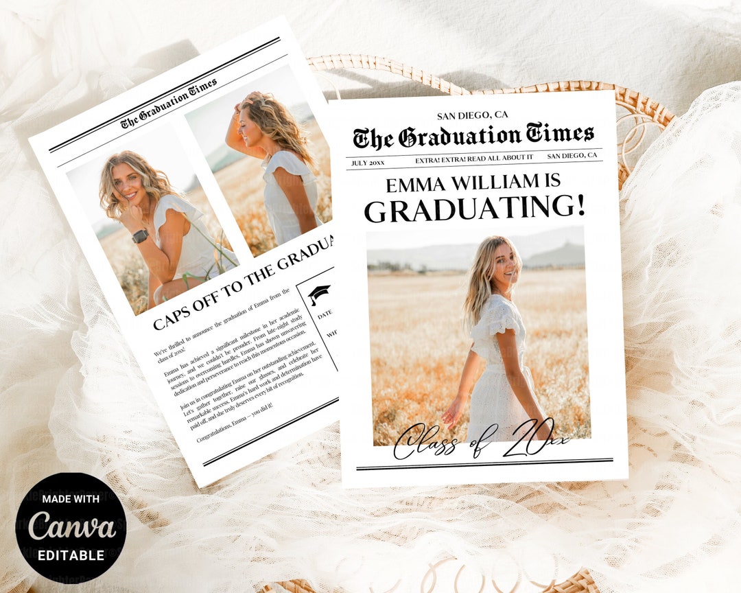 Newspaper Grad Template, Editable College Graduation Announcements ...