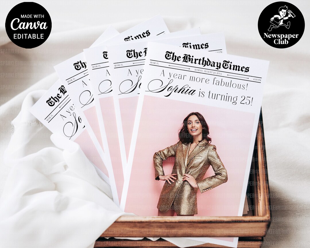 Birthday Newspaper Card Template, 25th Birthday Party Custom Photos ...
