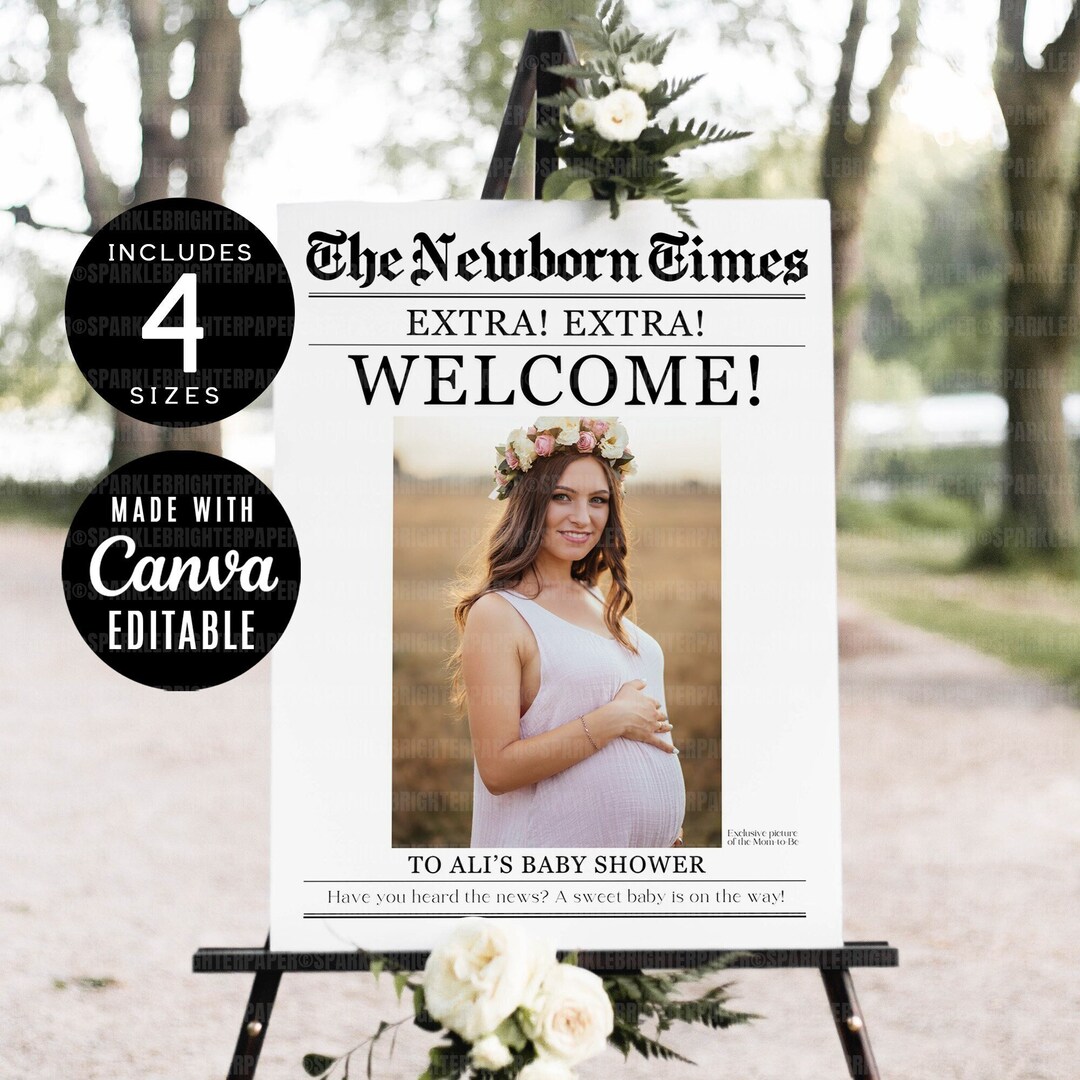 Cute Newspaper Photo Baby Shower Welcome Sign Template, Editable Photo ...