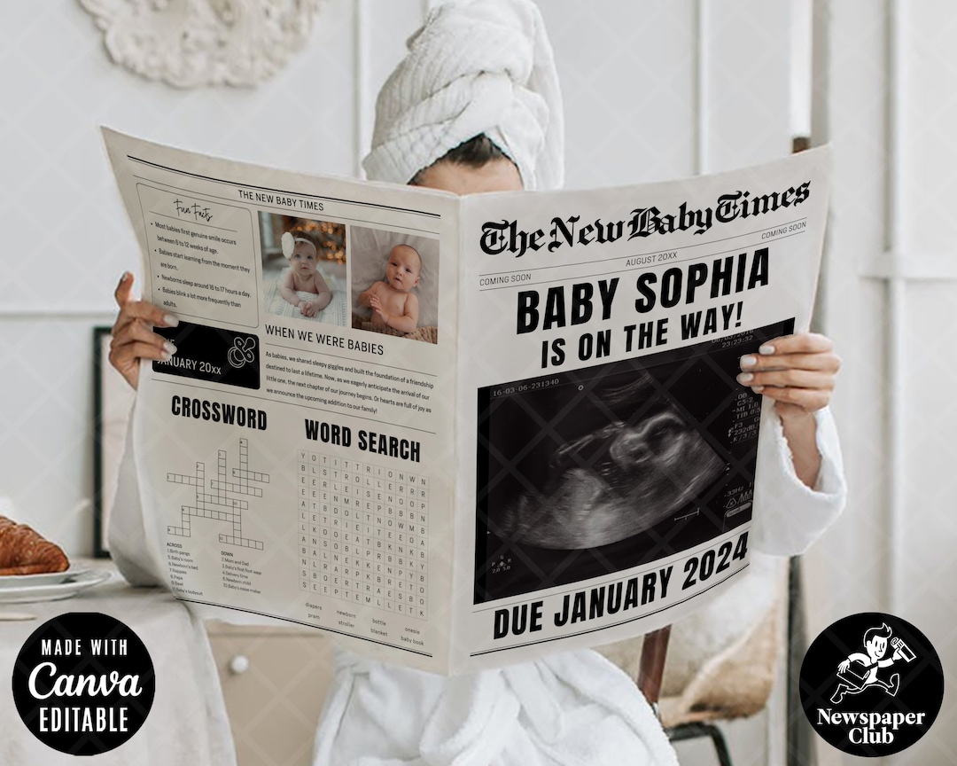 Baby is Coming Soon Newspaper, Digital Pregnancy Announcement , Canva ...