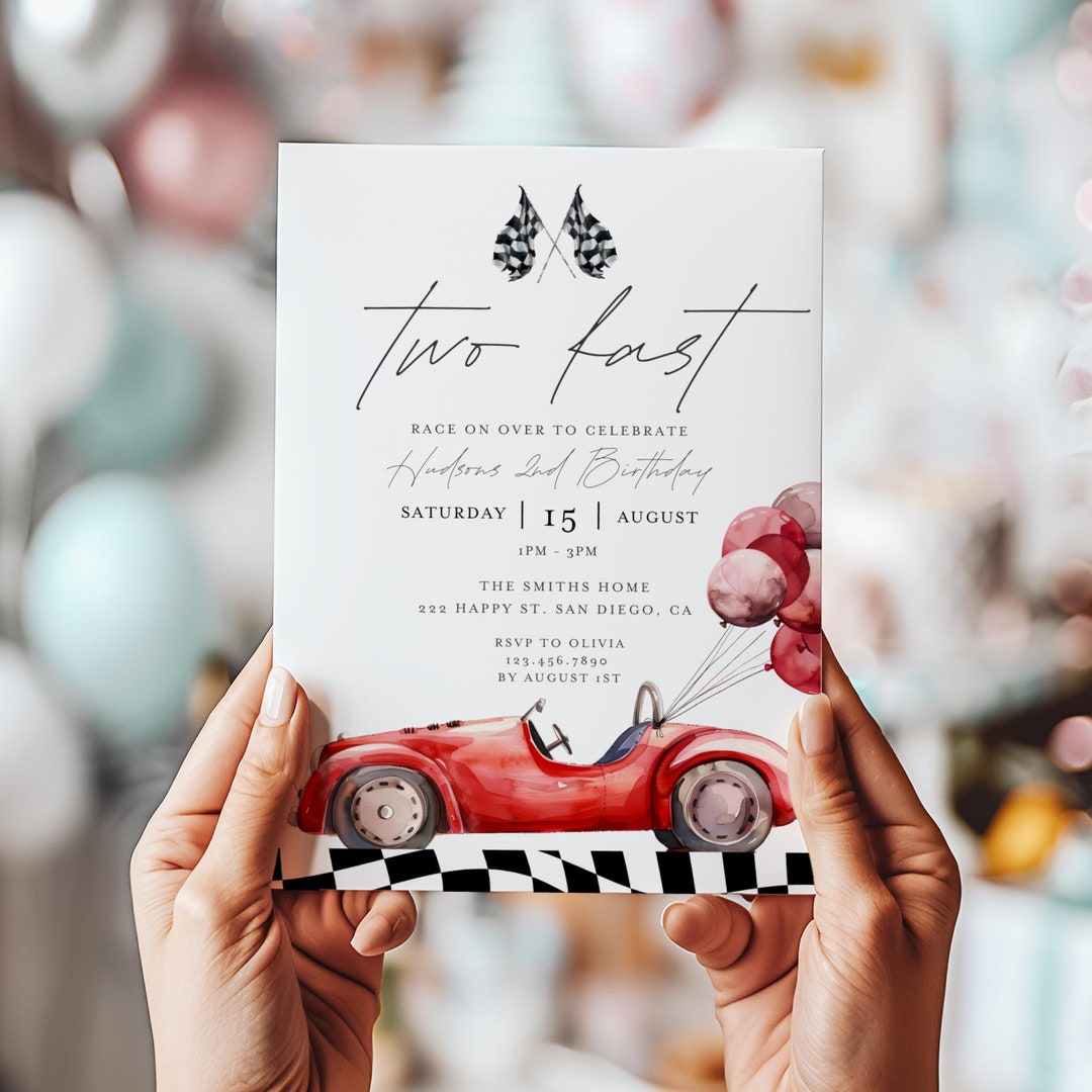Cool Racing Car 2nd Birthday Invitation, Editable Red Car Party ...