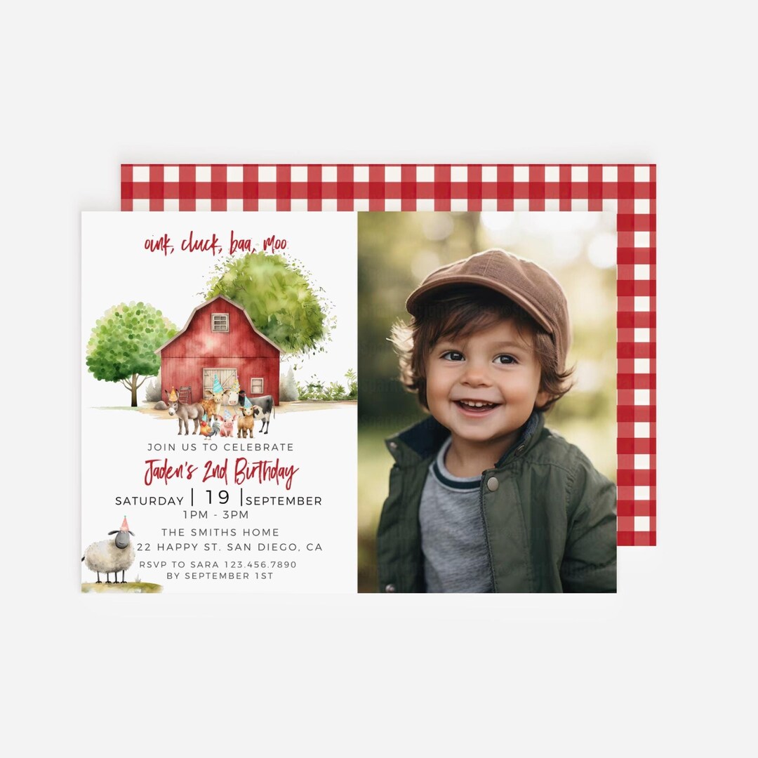 Farm 2nd Birthday Invitation With Photo, Editable Barn Theme Party ...
