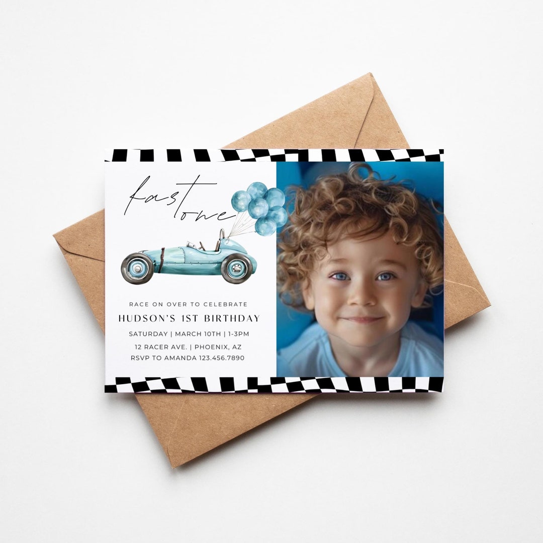 Retro Blue Fast One Race Car Boy 1st Birthday With Photo, Editable Race ...