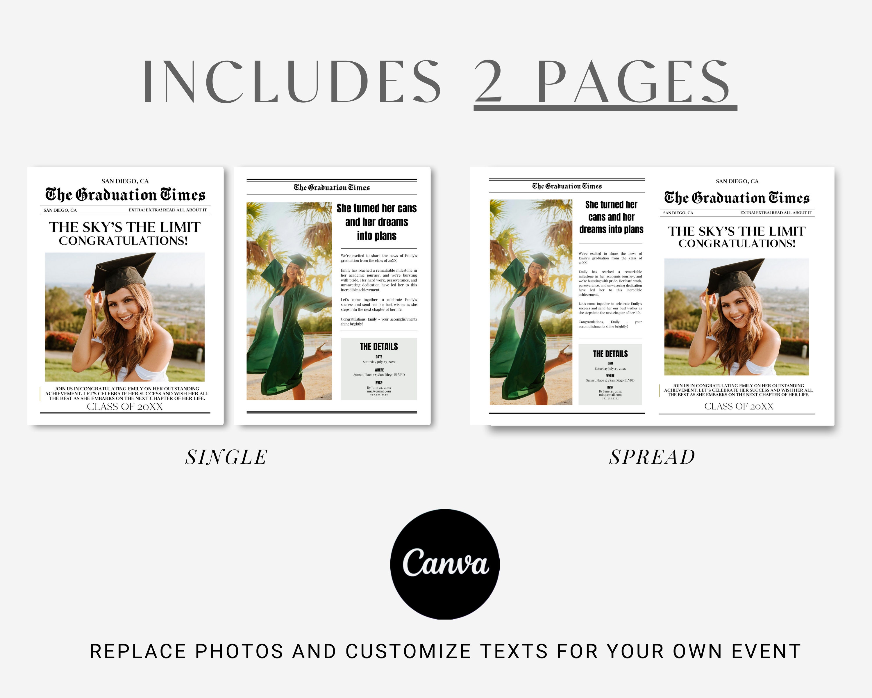 Printable Newspaper Grad Announcement Template, Digital Graduation ...