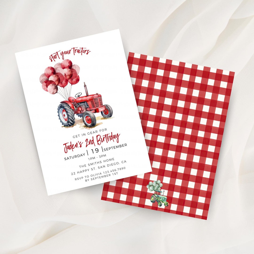 2nd Birthday Tractor Theme, Editable Red Tractor Birthday Invitation ...