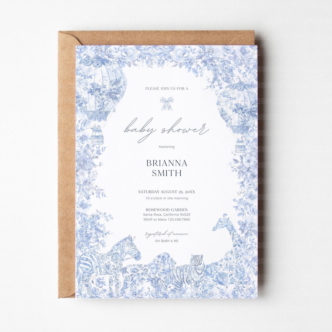 Safari Toile Invitation, Vintage Blue Toile Floral Animals Baby Shower ...