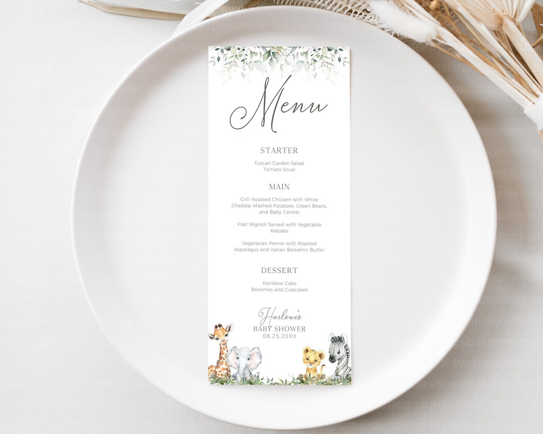 Safari Menu Template, Editable Food List Jungle Animals Baby Shower ...