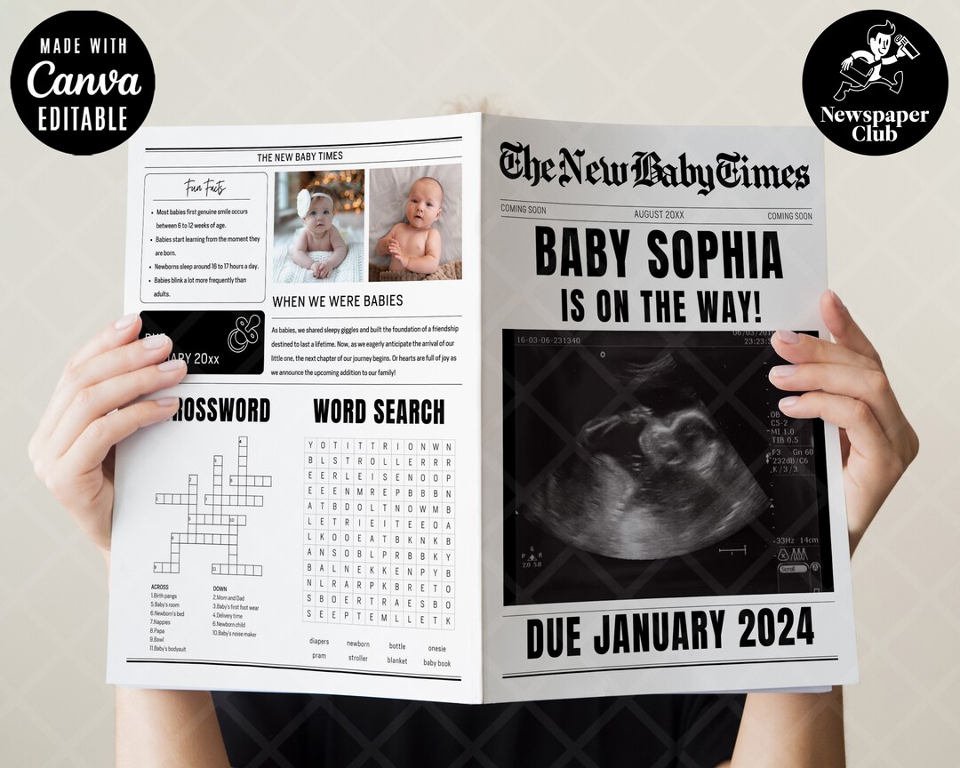 Newspaper Template Baby, Pregnancy Announcement Editable Large ...
