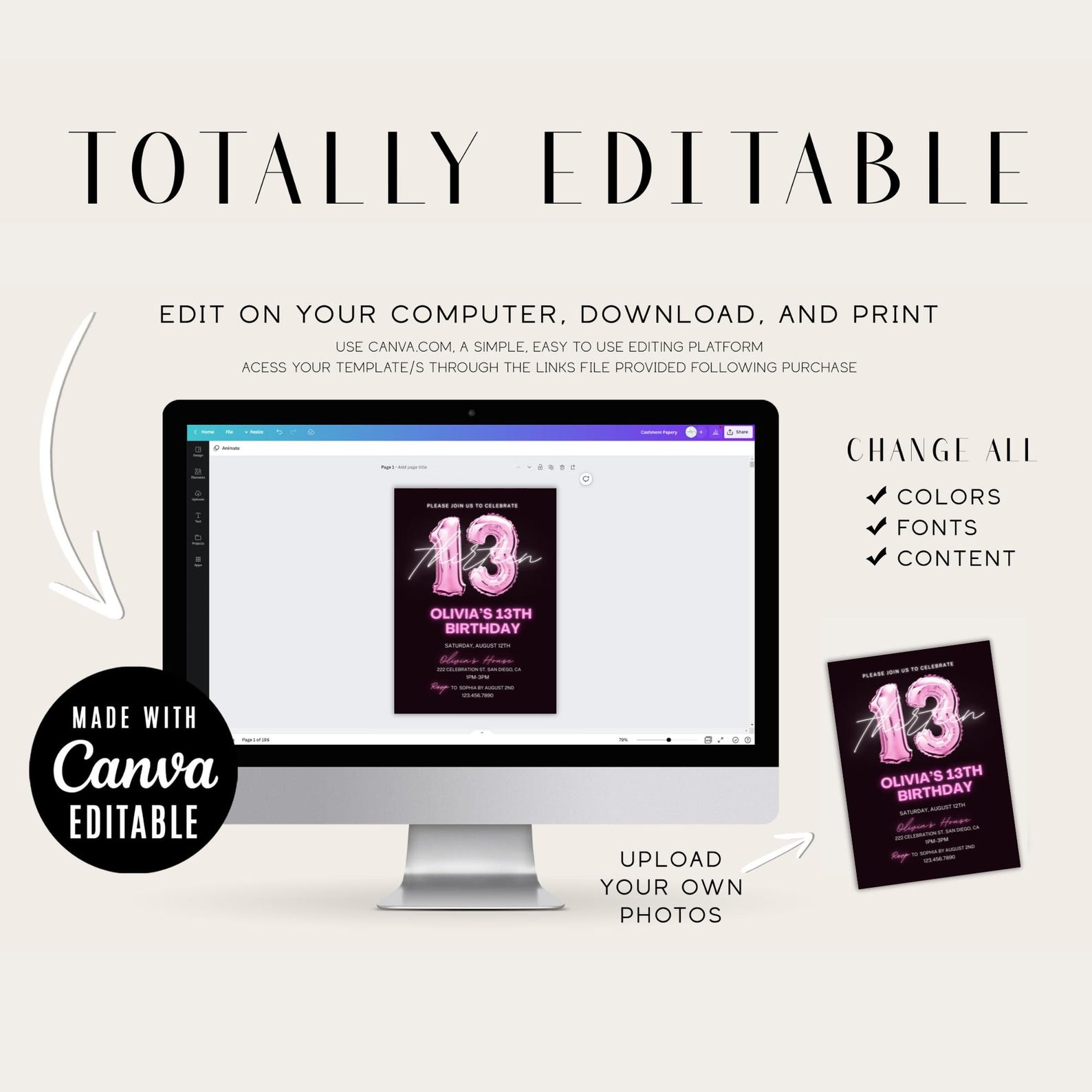 13th Birthday Celebration Invite for Girls, Neon Glow Digital Template ...