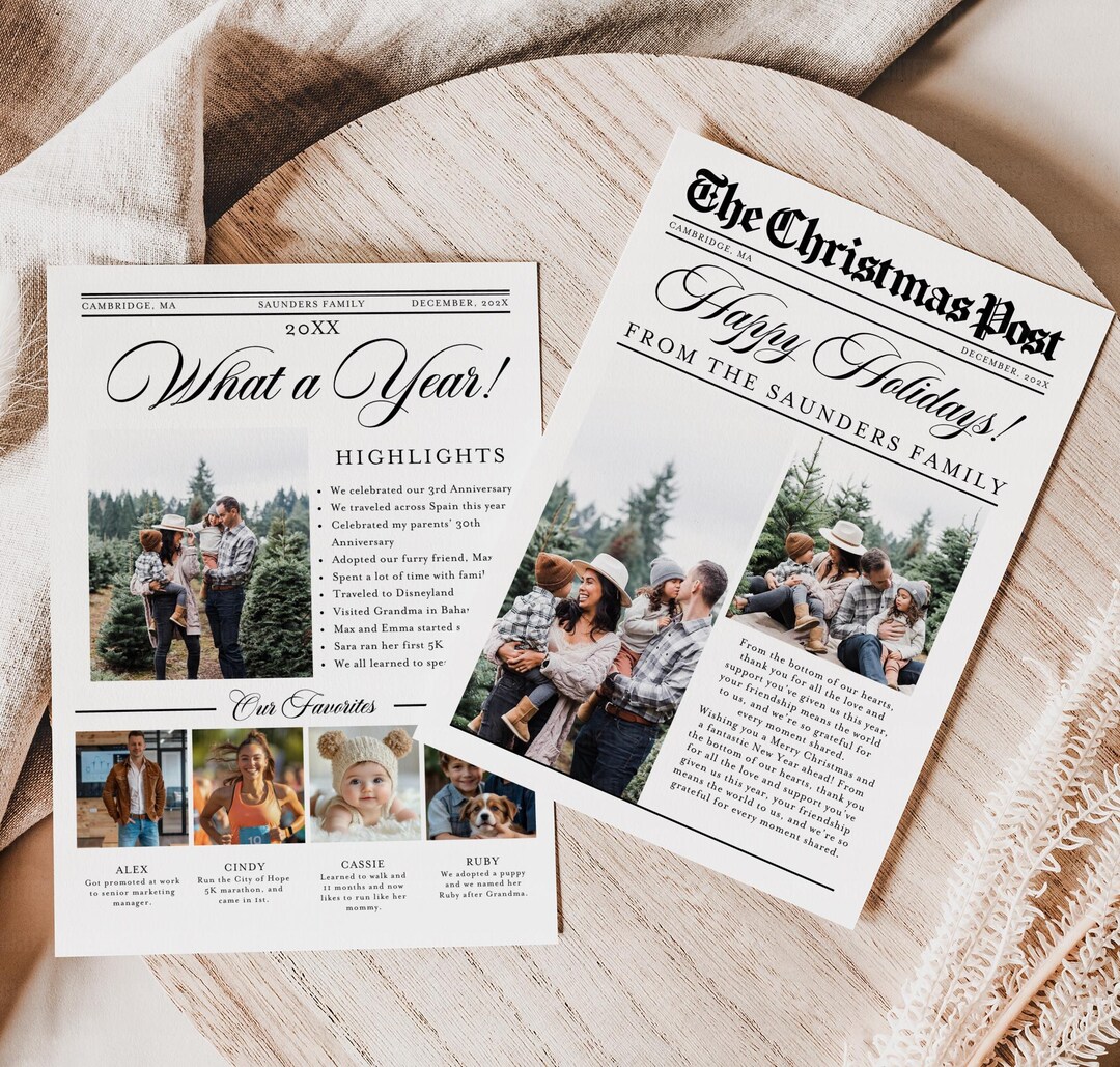 Festive Newspaper-style Christmas Newsletter Card Template, Editable ...