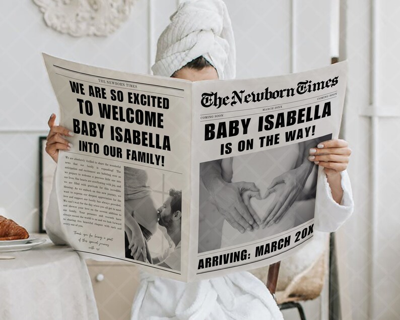 Baby on the Way Editable in Canva, Newspaper Pregnancy Announcement ...
