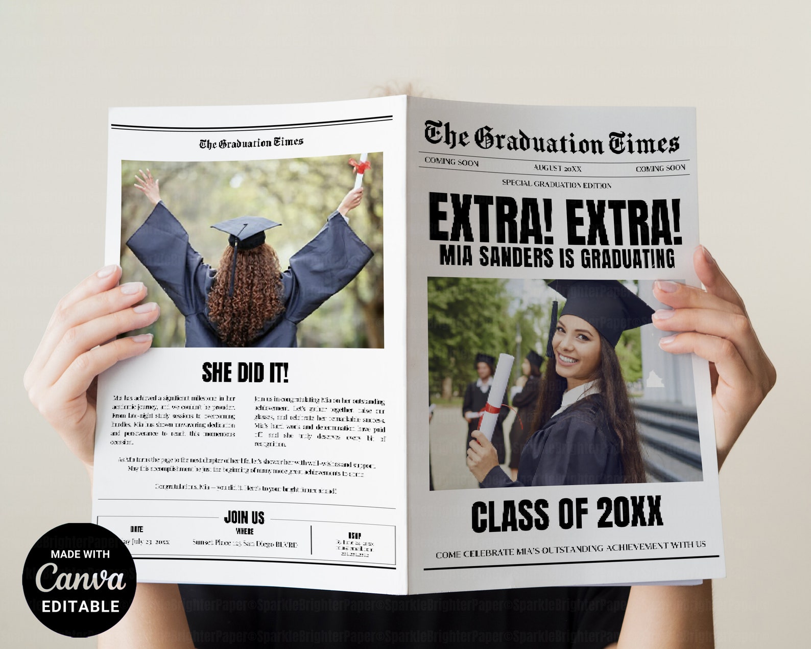 Graduation Newspaper Poster Template, Editable Newspaper Grad ...