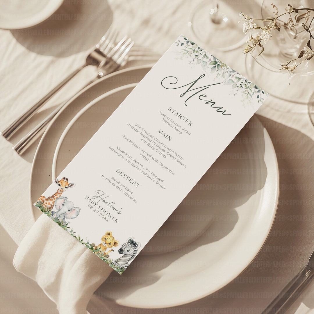 Safari Themed Menu, Custom Jungle Animals Baby Shower Food List ...