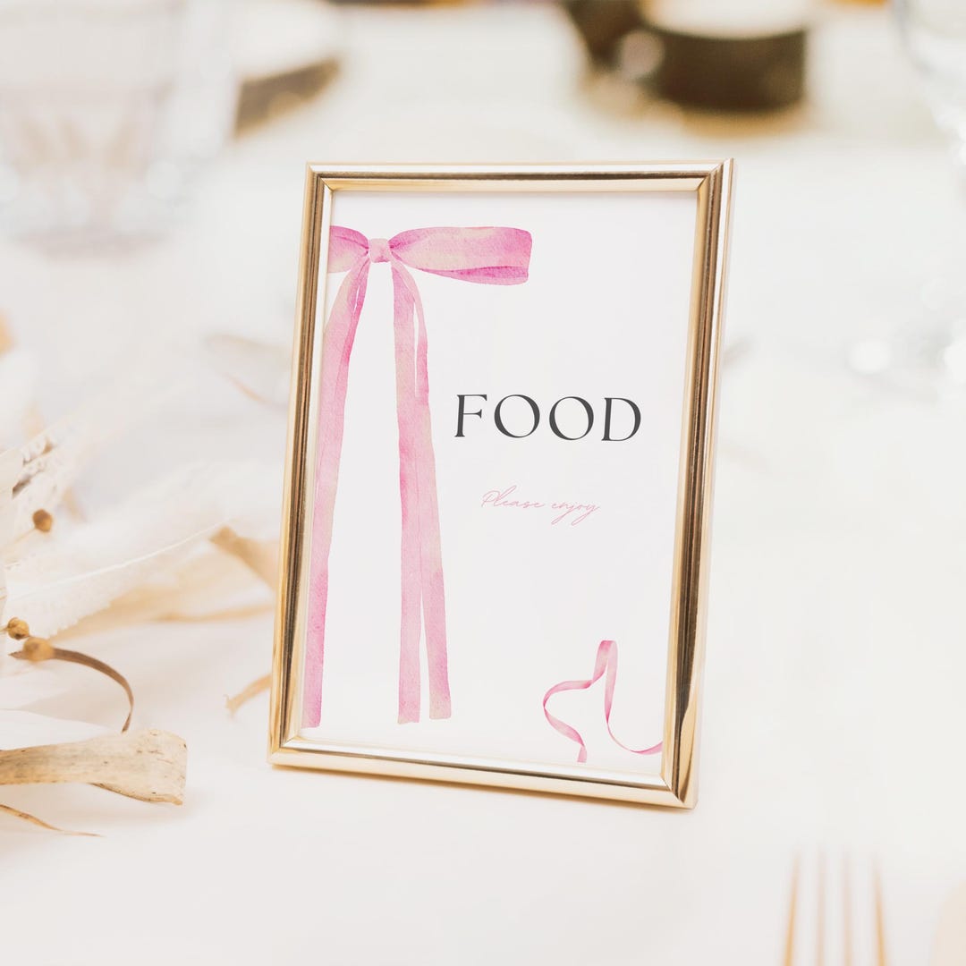 Food Table Sign for Baby Shower, Pink Bow Party Food Labels, Watercolor ...