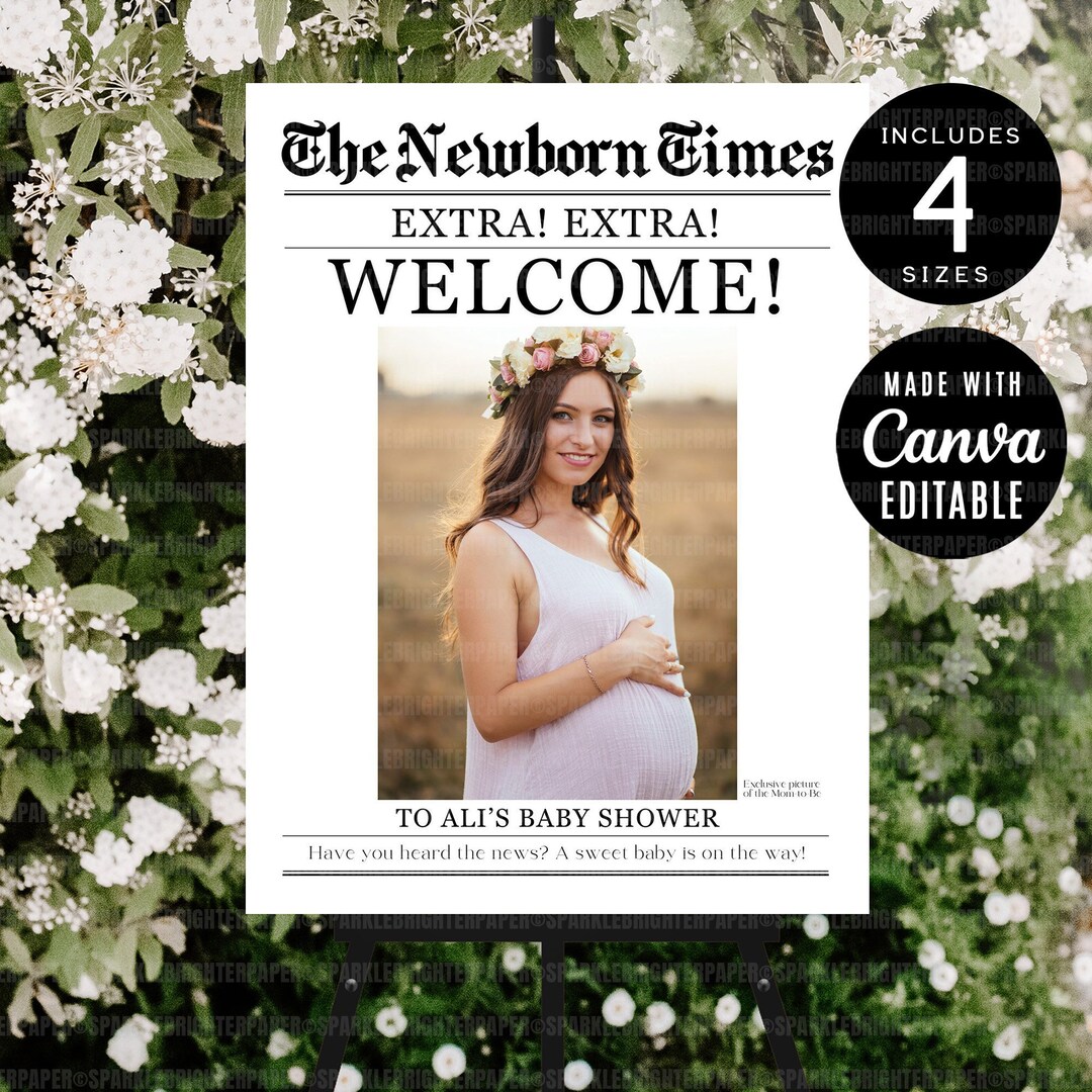 Cute Newspaper Photo Baby Shower Welcome Sign, Pregnancy Reveal Party ...