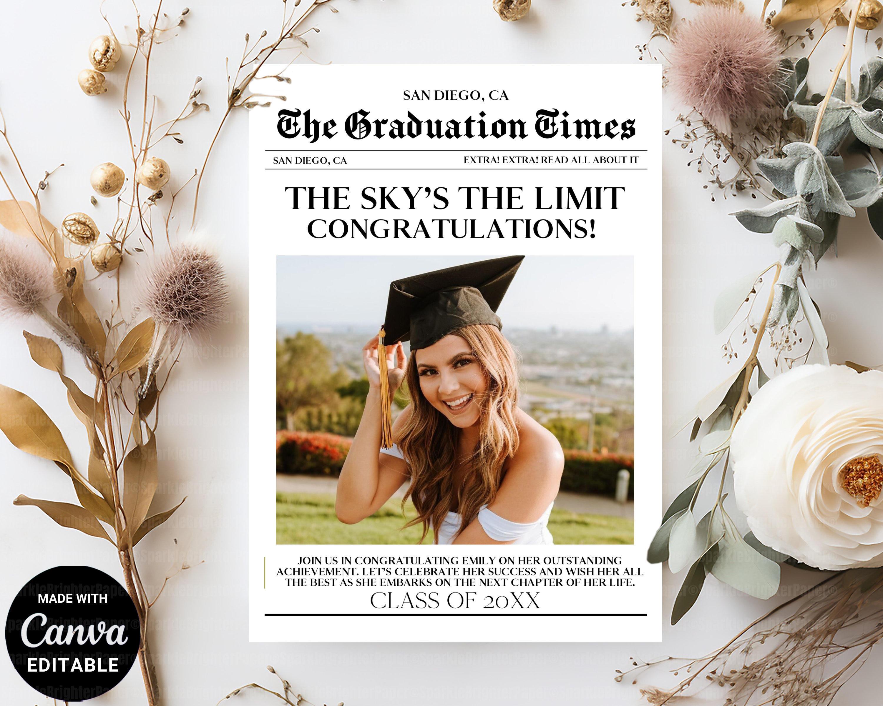 Printable Newspaper Grad Announcement Template, Digital Graduation ...