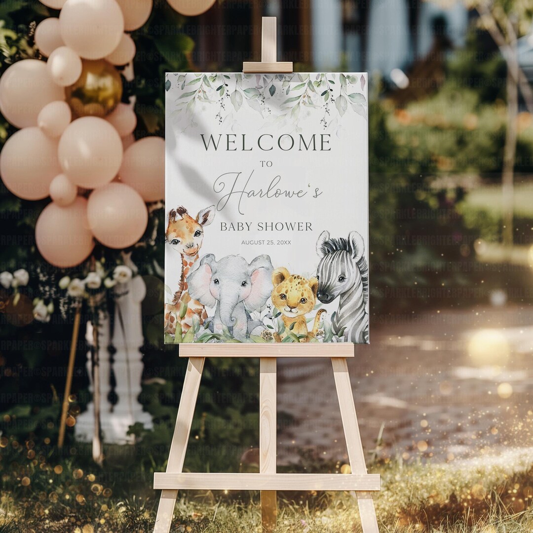 Safari Theme Baby Shower Welcome Sign, Editable Jungle Animals Party ...