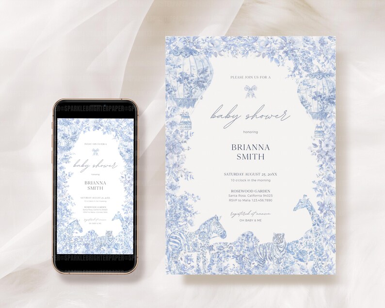 Toile De Jouy Baby Shower Invitation, Toile Safari Floral Gender Reveal ...