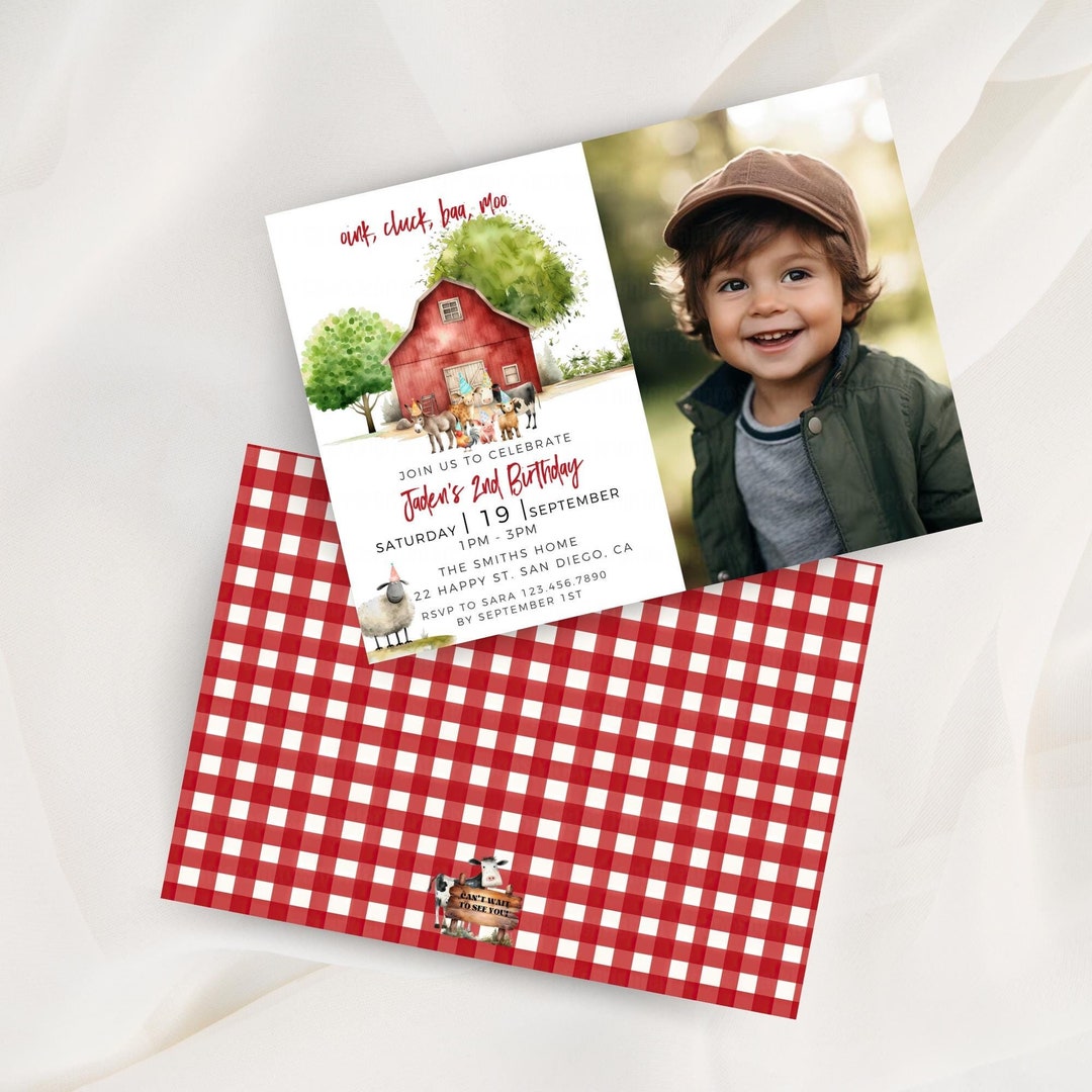 Barnyard Bash 2nd Birthday Invitation With Photo, Editable Farm Animals ...