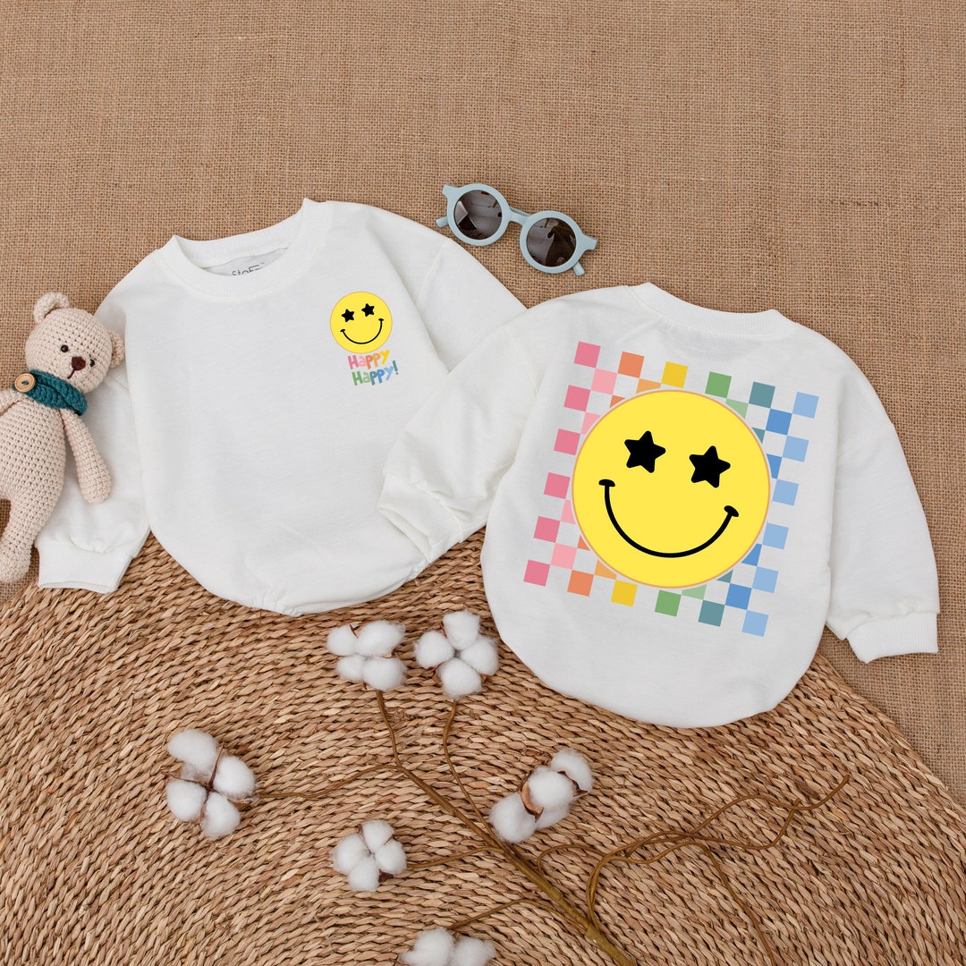 Smiley Face Baby Bodysuit, Rainbow Happy Face Romper, Rainbow Checkered ...